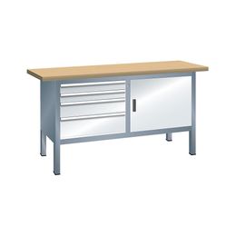 LISTA Werkbank, Gestellbauweise, Breite 1500 mm, 4 Schubladen, 1 Tür, Korpus grau metallic, Front lichtgrau
