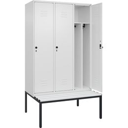 C+P Schwarz-Weiß-Spind Classic PLUS Sitzbank, schmal, 3 Abteile, Trennwand verkürzt, verkehrsweiß, B 1200 mm, Sicherheits-Drehriegel, untergebaut, Kunststoff