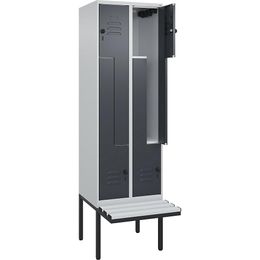 C+P Z-Spind Classic PLUS Sitzbank, 2 Abteile, lichtgrau / grau, B 600 mm, Sicherheits-Drehriegel, auskragend, Kunststoff