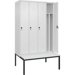 C+P Schwarz-Weiß-Spind Classic PLUS Sitzbank, schmal, 4 Abteile, Trennwand verkürzt, verkehrsweiß, B 1200 mm, Sicherheits-Drehriegel, untergebaut, Kunststoff