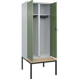 C+P Schwarz-Weiß-Spind Classic PLUS Sitzbank, 1 Abteil, lichtgrau / resedagrün, B 800 mm, Sicherheits-Drehriegel, untergebaut, Buche-Hartholz