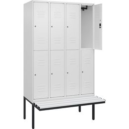 C+P Doppelstock-Spind Classic PLUS Sitzbank, 4 Abteile, verkehrsweiß, B 1200 mm, Zylinderschloss, auskragend, Kunststoff