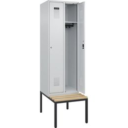 Spind Evolo PLUS Sitzbank, 2 Abteile, lichtgrau / lichtgrau, B 600 mm, Zylinderschloss, mit untergebauter Sitzbank, Buche kaiserkraft