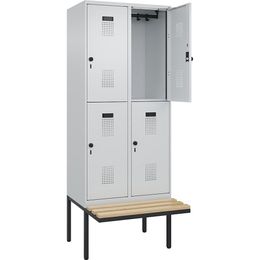 Doppelstock-Spind Evolo PLUS Sitzbank, 2 Abteile, lichtgrau / lichtgrau, B 800 mm, Sicherheits-Drehriegel, mit auskragender Sitzbank, Buche kaiserkraft