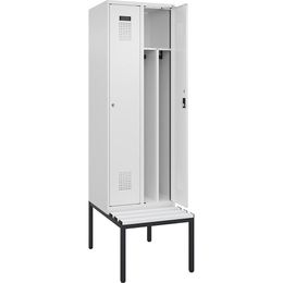 Schwarz-Weiß-Spind Evolo PLUS Sitzbank, schmal, 2 Abteile, Trennwand verkürzt, weiß, B 600 mm, Zylinderschloss, mit untergebauter Sitzbank, Kunststoff kaiserkraft