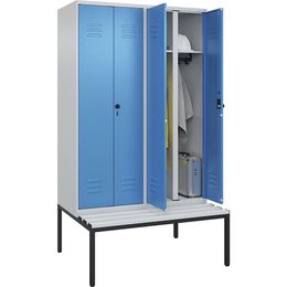 C+P Schwarz-Weiß-Spind Classic PLUS Sitzbank, 2 Abteile, lichtgrau / lichtblau, B 1200 mm, Sicherheits-Drehriegel, untergebaut, Kunststoff