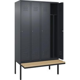 C+P Schwarz-Weiß-Spind Classic PLUS Sitzbank, schmal, 4 Abteile, Trennwand verkürzt, grau, B 1200 mm, Zylinderschloss, auskragend, Buche-Hartholz