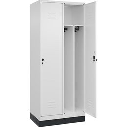 C+P Schwarz-Weiß-Spind Classic PLUS, schmal, 2 Abteile, Trennwand verkürzt, verkehrsweiß, B 800 mm, mit Bodensockel, Drehriegel, Trennwand mittig