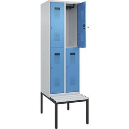 Doppelstock-Spind Evolo PLUS Sitzbank, 2 Abteile, lichtgrau / lichtblau, B 600 mm, Zylinderschloss, mit untergebauter Sitzbank, Kunststoff kaiserkraft