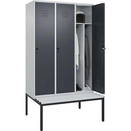 C+P Schwarz-Weiß-Spind Classic PLUS Sitzbank, schmal, 3 Abteile, Trennwand verkürzt, lichtgrau / grau, B 1200 mm, Sicherheits-Drehriegel, untergebaut, Kunststoff