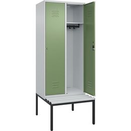 C+P Spind Classic PLUS Sitzbank, 2 Abteile, lichtgrau / resedagrün, B 800 mm, Zylinderschloss, untergebaut, Kunststoff