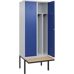 C+P Schwarz-Weiß-Spind Classic PLUS Sitzbank, schmal, 2 Abteile, Trennwand verkürzt, lichtgrau / enzianblau, B 800 mm, Zylinderschloss, auskragend, Buche-Hartholz