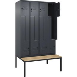 C+P Z-Spind Classic PLUS Sitzbank, 4 Abteile, grau, B 1200 mm, Sicherheits-Drehriegel, untergebaut, Buche-Hartholz