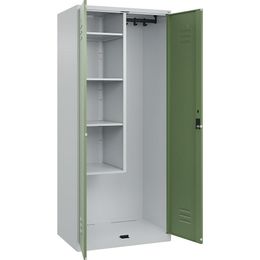 C+P Putzmittelspind Classic PLUS, 1 Abteil, Trennwand mittig, verkürzt, lichtgrau / resedagrün, B 800 mm, mit Bodengleitern, Zylinderschloss