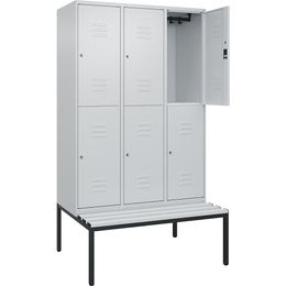 C+P Doppelstock-Spind Classic PLUS Sitzbank, 3 Abteile, lichtgrau, B 1200 mm, Zylinderschloss, untergebaut, Kunststoff