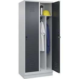 C+P Schwarz-Weiß-Spind Classic PLUS, schmal, 2 Abteile, Trennwand verkürzt, lichtgrau / grau, B 800 mm, mit Bodensockel, Drehriegel, Trennwand mittig