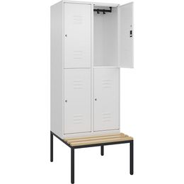 C+P Doppelstock-Spind Classic PLUS Sitzbank, 2 Abteile, verkehrsweiß, B 800 mm, Zylinderschloss, untergebaut, Buche-Hartholz