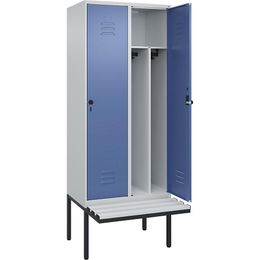 C+P Schwarz-Weiß-Spind Classic PLUS Sitzbank, schmal, 2 Abteile, Trennwand verkürzt, lichtgrau / fernblau, B 800 mm, Sicherheits-Drehriegel, auskragend, Kunststoff