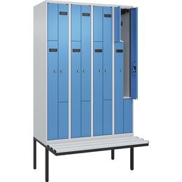 Z-Spind Evolo PLUS Sitzbank, 4 Abteile, lichtgrau / lichtblau, B 1200 mm, Zylinderschloss, mit auskragender Sitzbank, Kunststoff kaiserkraft