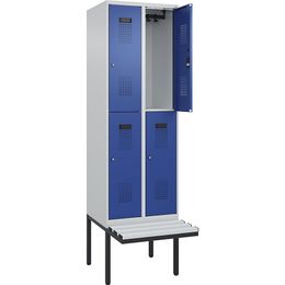 Doppelstock-Spind Evolo PLUS Sitzbank, 2 Abteile, lichtgrau / enzianblau, B 600 mm, Zylinderschloss, mit auskragender Sitzbank, Kunststoff kaiserkraft