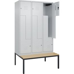 C+P Z-Spind Classic PLUS Sitzbank, 3 Abteile, lichtgrau, B 1200 mm, Zylinderschloss, untergebaut, Buche-Hartholz