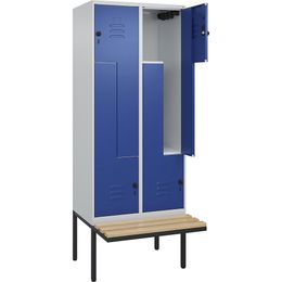 C+P Z-Spind Classic PLUS Sitzbank, 2 Abteile, lichtgrau / enzianblau, B 800 mm, Sicherheits-Drehriegel, auskragend, Buche-Hartholz