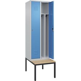C+P Schwarz-Weiß-Spind Classic PLUS Sitzbank, schmal, 2 Abteile, Trennwand verkürzt, lichtgrau / lichtblau, B 600 mm, Zylinderschloss, untergebaut, Buche-Hartholz