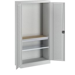 Werkzeugschrank mit Lochprägung, 1 Schublade, 1 Fachboden, 1 Arbeitsplatte, Türen lichtgrau kaiserkraft