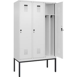 Schwarz-Weiß-Spind Evolo PLUS, schmal, 3 Abteile, Trennwand verkürzt, weiß, B 1200 mm, mit schmalen Füßen, Sicherheits-Drehriegel kaiserkraft