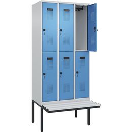 Doppelstock-Spind Evolo PLUS Sitzbank, 3 Abteile, lichtgrau / lichtblau, B 900 mm, Sicherheits-Drehriegel, mit auskragender Sitzbank, Kunststoff kaiserkraft