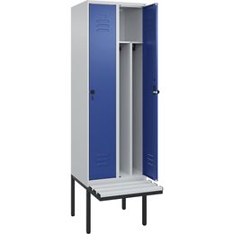 C+P Schwarz-Weiß-Spind Classic PLUS Sitzbank, schmal, 2 Abteile, Trennwand verkürzt, lichtgrau / enzianblau, B 600 mm, Sicherheits-Drehriegel, auskragend, Kunststoff