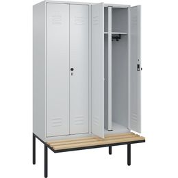 C+P Schwarz-Weiß-Spind Classic PLUS Sitzbank, 2 Abteile, lichtgrau, B 1200 mm, Sicherheits-Drehriegel, auskragend, Buche-Hartholz