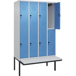C+P Doppelstock-Spind Classic PLUS Sitzbank, 4 Abteile, lichtgrau / lichtblau, B 1200 mm, Sicherheits-Drehriegel, auskragend, Kunststoff