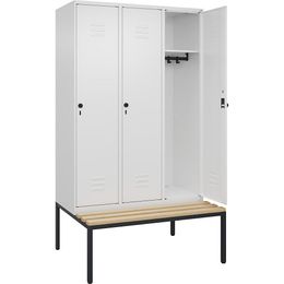 C+P Spind Classic PLUS Sitzbank, 3 Abteile, verkehrsweiß, B 1200 mm, Sicherheits-Drehriegel, untergebaut, Buche-Hartholz