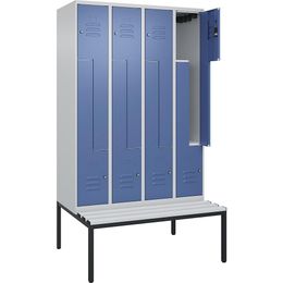 C+P Z-Spind Classic PLUS Sitzbank, 4 Abteile, lichtgrau / fernblau, B 1200 mm, Zylinderschloss, untergebaut, Kunststoff