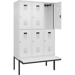 Doppelstock-Spind Evolo PLUS Sitzbank, 3 Abteile, weiß, B 1200 mm, Zylinderschloss, mit auskragender Sitzbank, Kunststoff kaiserkraft