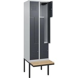 C+P Z-Spind Classic PLUS Sitzbank, 2 Abteile, lichtgrau / grau, B 600 mm, Zylinderschloss, auskragend, Buche-Hartholz