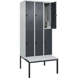 C+P Doppelstock-Spind Classic PLUS Sitzbank, 3 Abteile, lichtgrau / grau, B 900 mm, Sicherheits-Drehriegel, untergebaut, Kunststoff