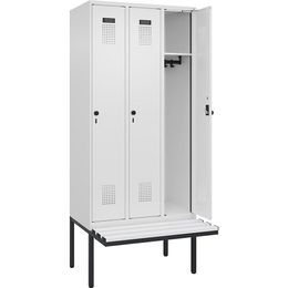 Spind Evolo PLUS Sitzbank, 3 Abteile, weiß, B 900 mm, Sicherheits-Drehriegel, mit auskragender Sitzbank, Kunststoff kaiserkraft
