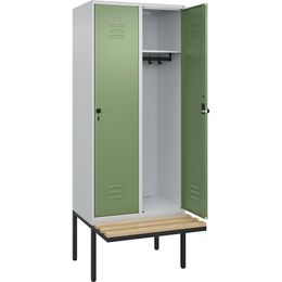 C+P Spind Classic PLUS Sitzbank, 2 Abteile, lichtgrau / resedagrün, B 800 mm, Sicherheits-Drehriegel, auskragend, Buche-Hartholz