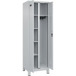 Putzmittelspind Evolo PLUS, 1 Abteil, Trennwand mittig, lichtgrau, B 600 mm, mit breiten Füßen, Zylinderschloss kaiserkraft