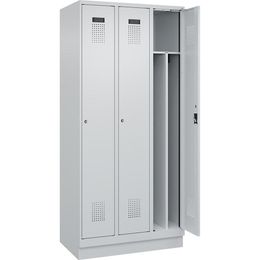 Schwarz-Weiß-Spind Evolo PLUS, schmal, 3 Abteile, Trennwand verkürzt, lichtgrau, B 900 mm, mit Bodensockel, Zylinderschloss kaiserkraft