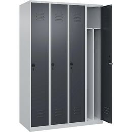 C+P Schwarz-Weiß-Spind Classic PLUS, schmal, 4 Abteile, Trennwand verkürzt, lichtgrau / grau, B 1200 mm, mit Bodengleitern, Drehriegel, Trennwand mittig