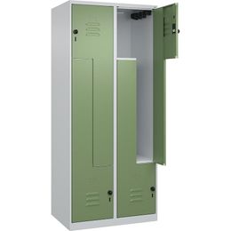 C+P Z-Spind Classic PLUS, 2 Abteile, lichtgrau / resedagrün, B 800 mm, mit Bodengleitern, Drehriegel