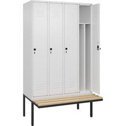 C+P Schwarz-Weiß-Spind Classic PLUS Sitzbank, schmal, 4 Abteile, Trennwand verkürzt, verkehrsweiß, B 1200 mm, Sicherheits-Drehriegel, auskragend, Buche-Hartholz