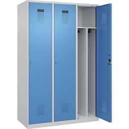 Schwarz-Weiß-Spind Evolo PLUS, schmal, 3 Abteile, Trennwand verkürzt, lichtgrau / lichtblau, B 1200 mm, mit Bodengleitern, Zylinderschloss kaiserkraft