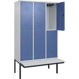 C+P Doppelstock-Spind Classic PLUS Sitzbank, 3 Abteile, lichtgrau / fernblau, B 1200 mm, Zylinderschloss, auskragend, Kunststoff
