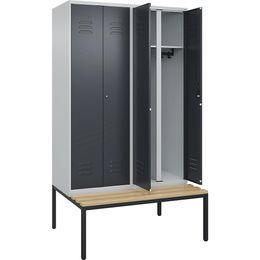 C+P Schwarz-Weiß-Spind Classic PLUS Sitzbank, 2 Abteile, lichtgrau / grau, B 1200 mm, Zylinderschloss, untergebaut, Buche-Hartholz