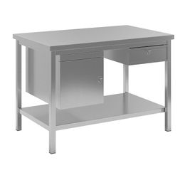 eurokraft basic Edelstahl-Arbeitstisch, 1 Unterbauschrank, 1 Schublade, 1 Fachboden voll, Breite 1200 mm