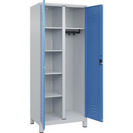C+P Putzmittelspind Classic PLUS, 1 Abteil, Trennwand mittig, lichtgrau / lichtblau, B 800 mm, mit Füßen, Zylinderschloss